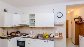 Apartamento Superior, terraço | Cozinha privada | Um frigorífico, um micro-ondas, um forno, uma placa de cozinha