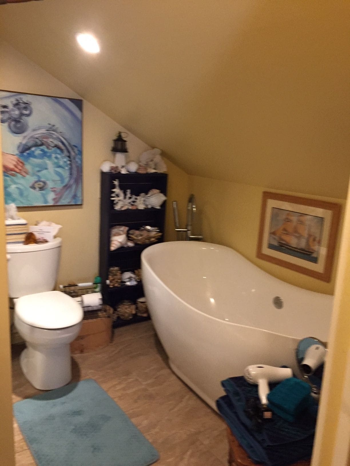 Uma combinação polibã/banheira, chinelos 