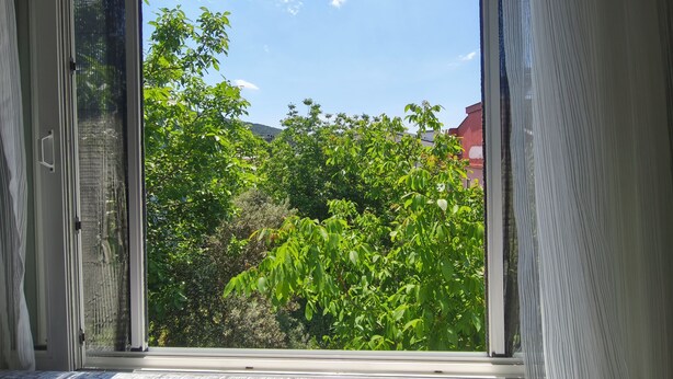 Quarto com uma grande porta de correr de vidro que dá para um jardim com vegetação densa e céu claro.