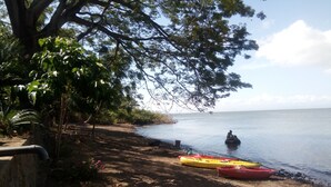 Uma praia com caiaques e uma pessoa na água.