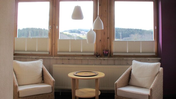 Um quarto acolhedor com duas cadeiras de vime, uma mesa redonda pequena e vista para uma floresta através de grandes janelas com persianas.
