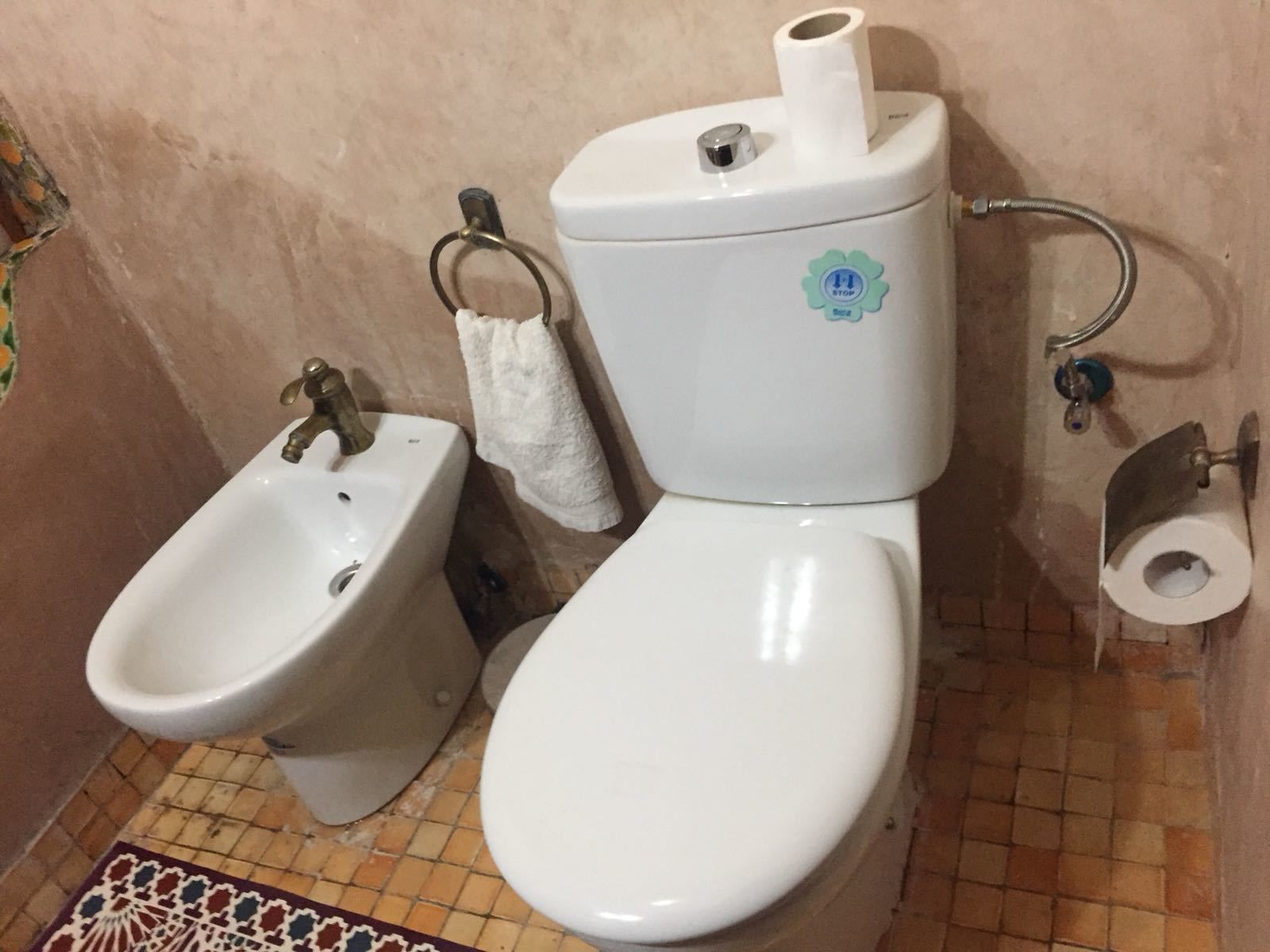 Casa de banho com bidé, sanita e rolo de papel higiénico na parede.