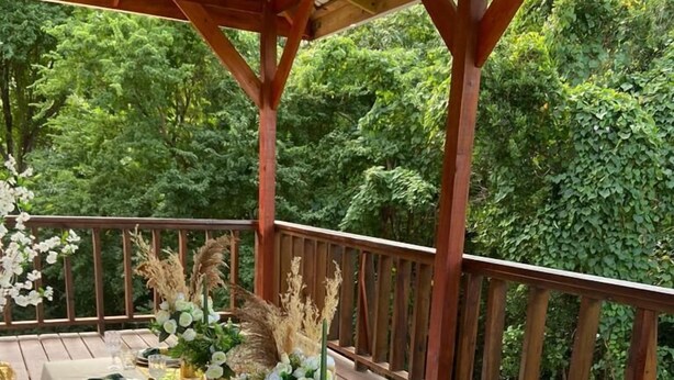 Uma área de refeiç ões ao ar livre com uma mesa longa montada para um evento formal, rodeada por vegetação exuberante.