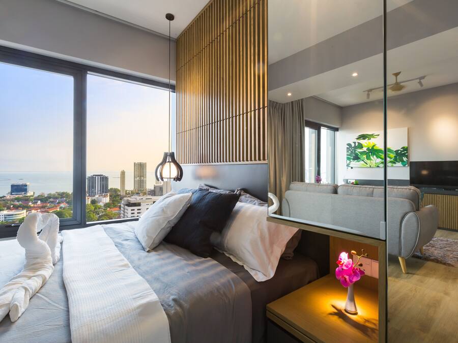 Suite-Estúdio Deluxe, vista para o mar | Com decoração personalizada, com mobília individualizada