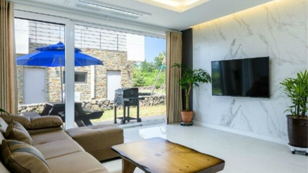 Uma sala de estar moderna com um sofá, uma mesa de centro, uma televisão e uma planta em vaso.