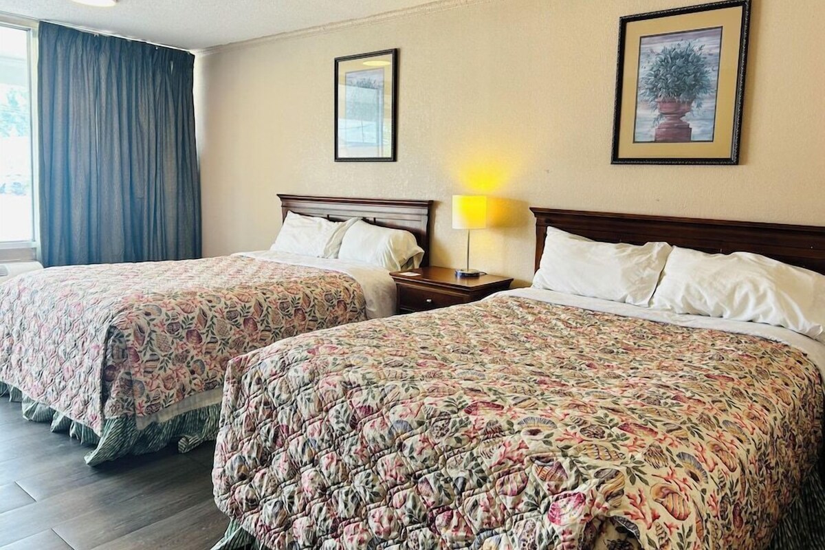 Quarto de hotel com duas camas, uma mesa de cabeceira com luminária e quadros nas paredes.