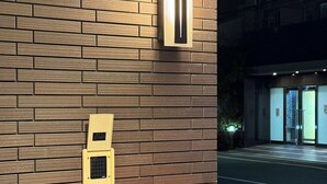 Parede de tijolos com uma câmera de segurança, uma caixa de correio e uma porta com uma luz acima.