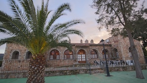 Um edifício de pedra com janelas em arco e uma palmeira em primeiro plano.