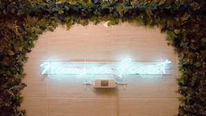 Um letreiro de neon com a inscrição "Hanson Forest" rodeado por folhagem.