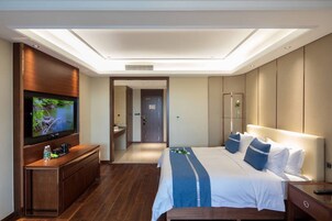 Quarto de hotel moderno com uma cama grande, televisão de tela plana, cômoda de madeira e closet espaçoso.