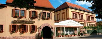 A building with a sign reading "Hotel" and another sign reading "Restaurant".