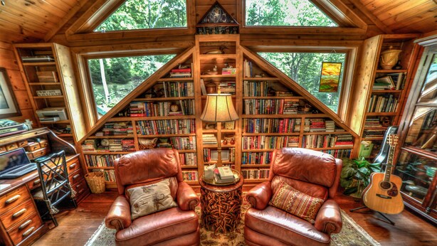 Um recanto de leitura aconchegante com poltronas de couro, uma mesa central e uma estante repleta de livros.