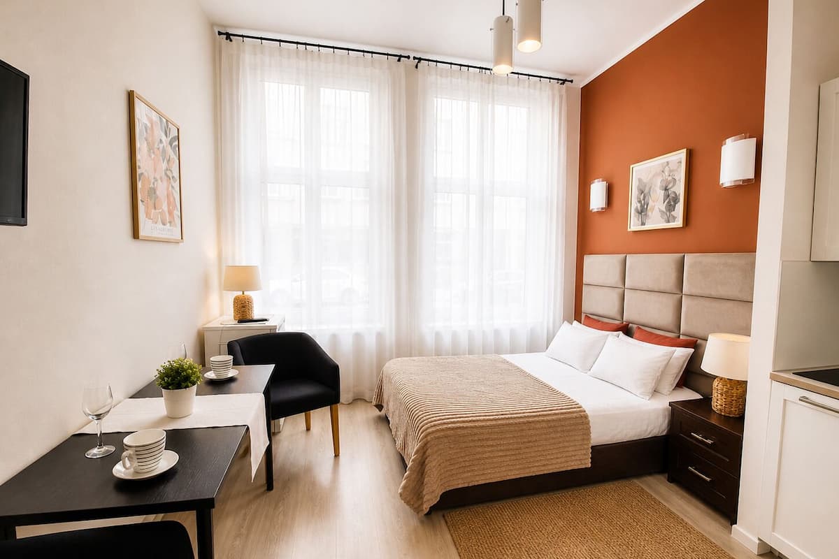 Quarto de hotel moderno com cama, mesa de cabeceira, luminária, cadeira, escrivaninha e uma pequena planta em vaso.