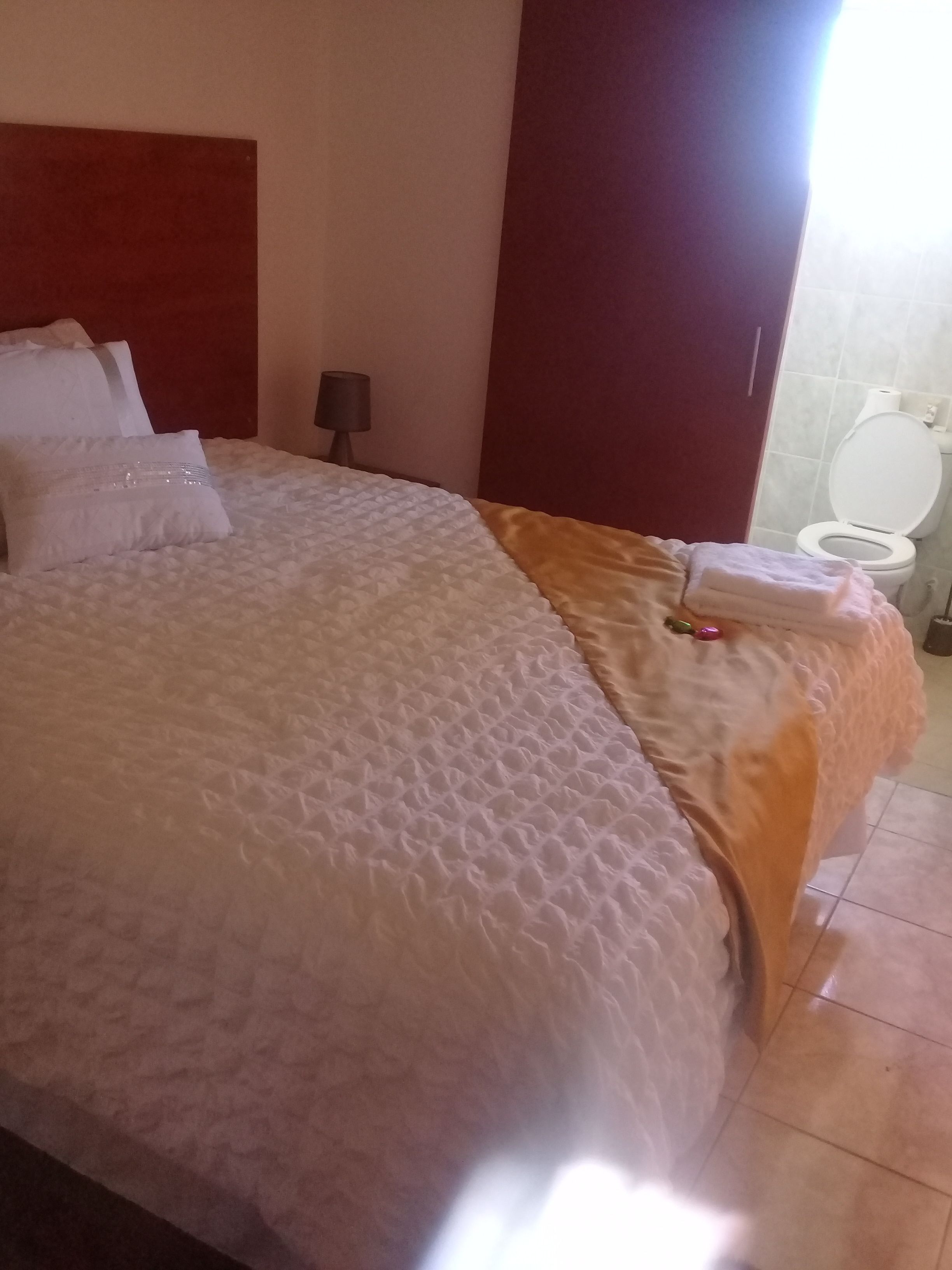 Cama bem arrumada com edredom branco e manta marrom, cabeceira de madeira, luminária de cabeceira e banheiro com vaso sanitário branco e porta-toalhas.