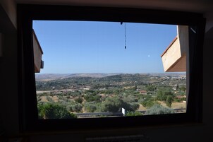 Visão pela janela, mostrando uma paisagem com árvores e edifícios.