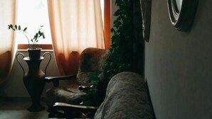 Uma sala de estar com pouca luz, um sofá estampado, uma planta em vaso e um vaso sobre uma mesa.