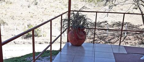 Um pátio com uma cadeira, uma planta em vaso e vista para uma paisagem seca.