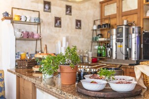 Uma cozinha com bancada de mármore, diversos eletrodomésticos e um vaso de planta.