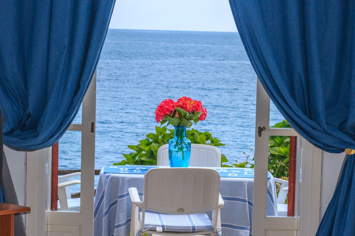 Uma mesa com toalha xadrez azul e branca, uma cadeira branca e um vaso azul com flores vermelhas.