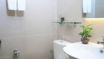 Casa de banho com sanita, prateleira de vidro, lavatório e espelho.