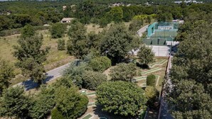 Vista aérea de um campo de golfe com uma grande árvore ao centro, cercado por uma cerca e uma quadra de tênis ao fundo.