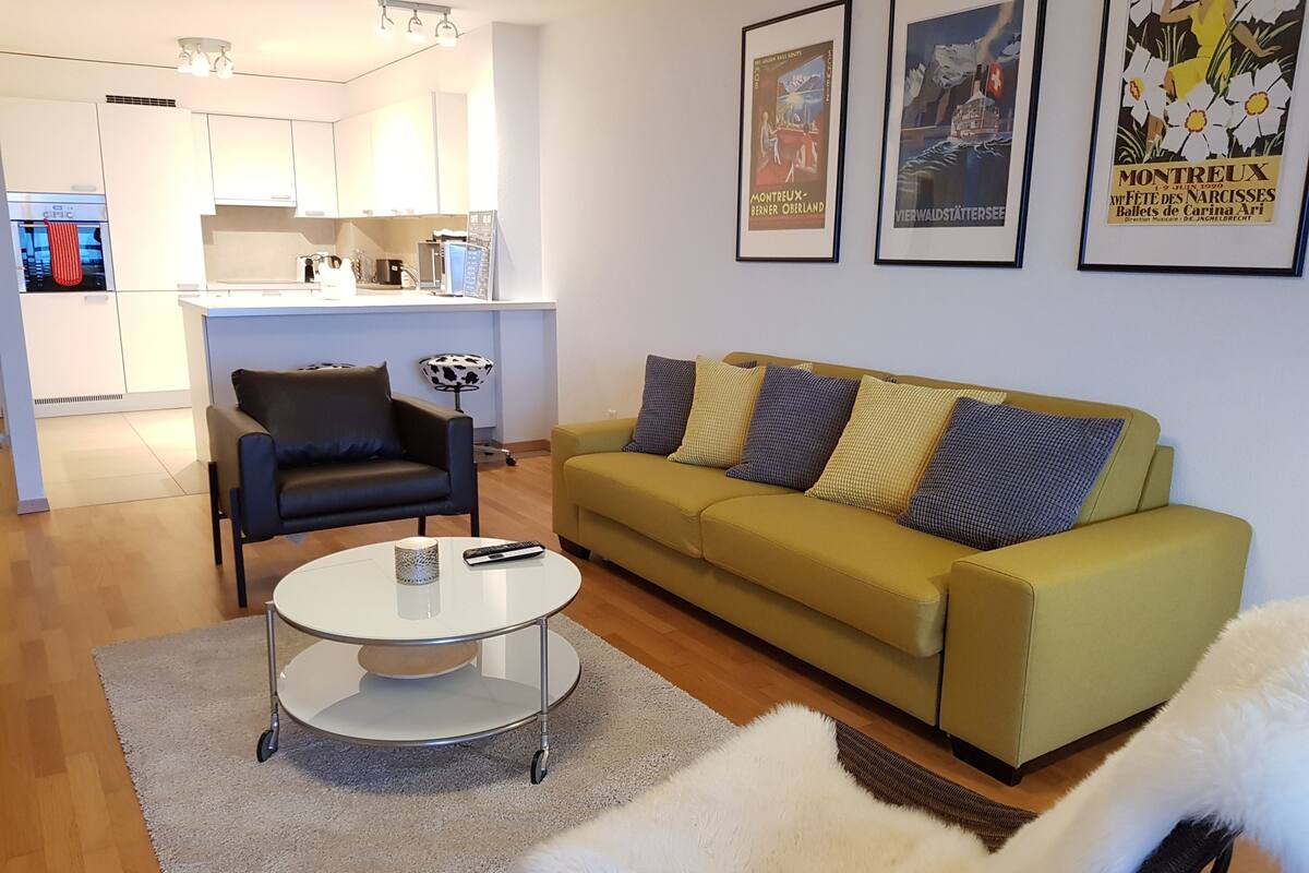 Apartamento, 2 quartos, terraço, vista para o lago (Apartment 7.3) | Sala de estar | TV de ecrã plano