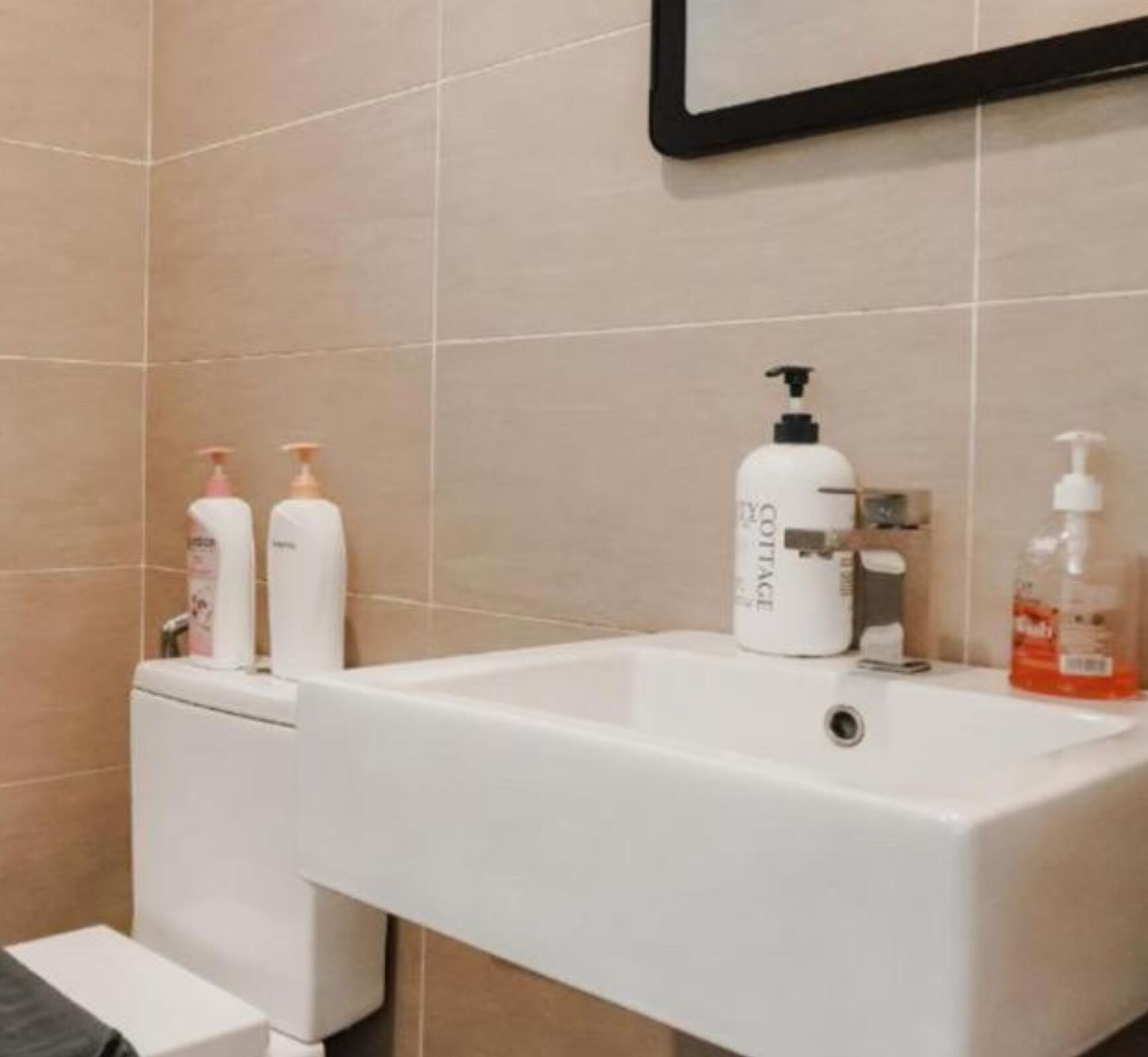 Casa de banho com lavatório branco, duas embalagens de sabonete líquido e uma embalagem de champô.