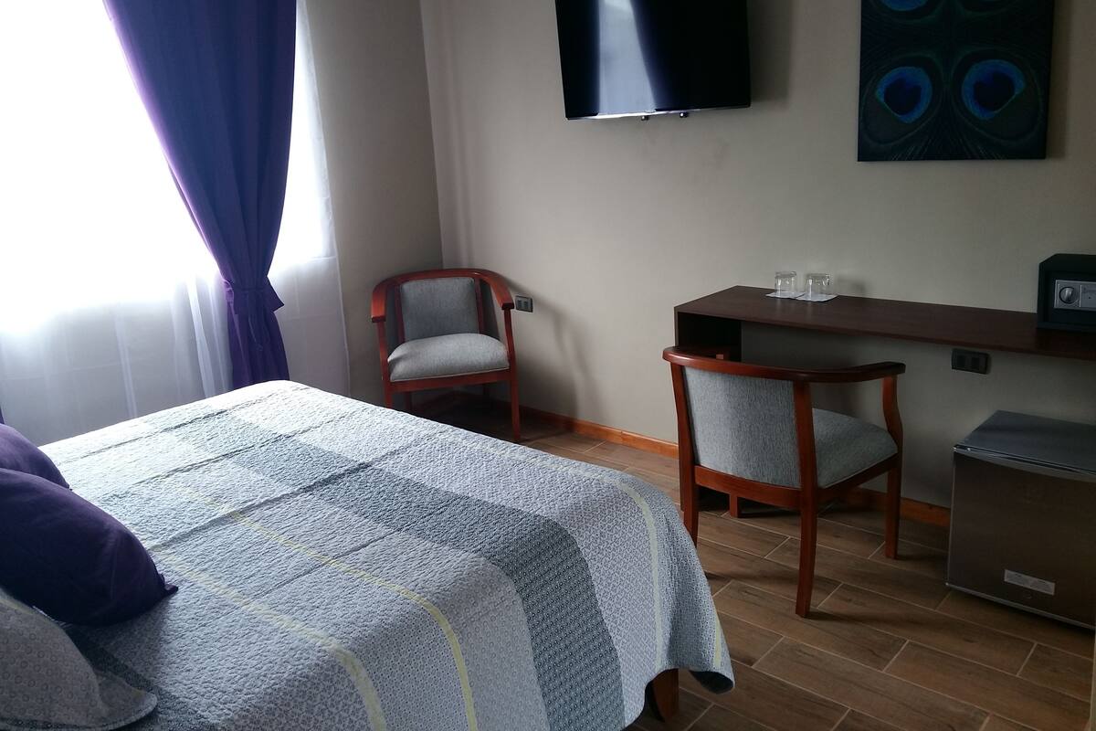 Quarto de hotel com cama, escrivaninha, cadeira, televisão e obra de arte na parede.