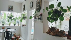 Quarto com mesa de jantar, cadeiras, plantas em vasos, planta pendente e decoração rústica de madeira.