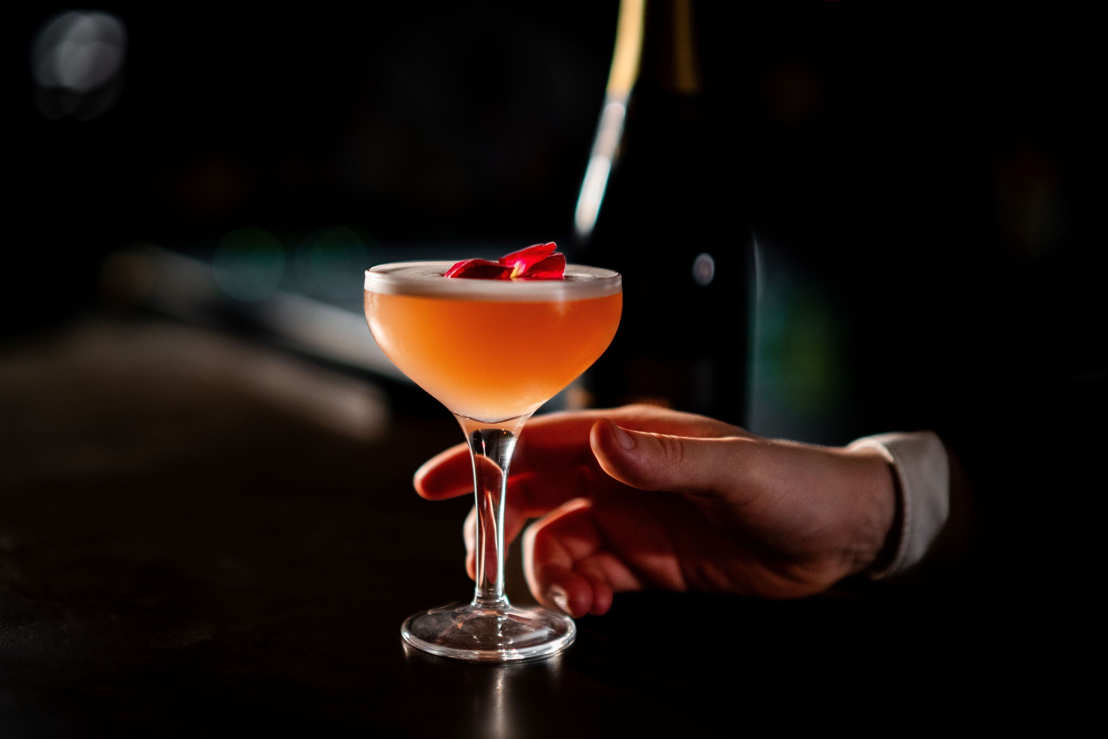Um coquetel num copo de martini com um enfeite de rosa, sendo segurado por uma mão.