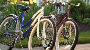 Uma bicicleta estacionada em frente a uma casa com cerca branca e um jardim.