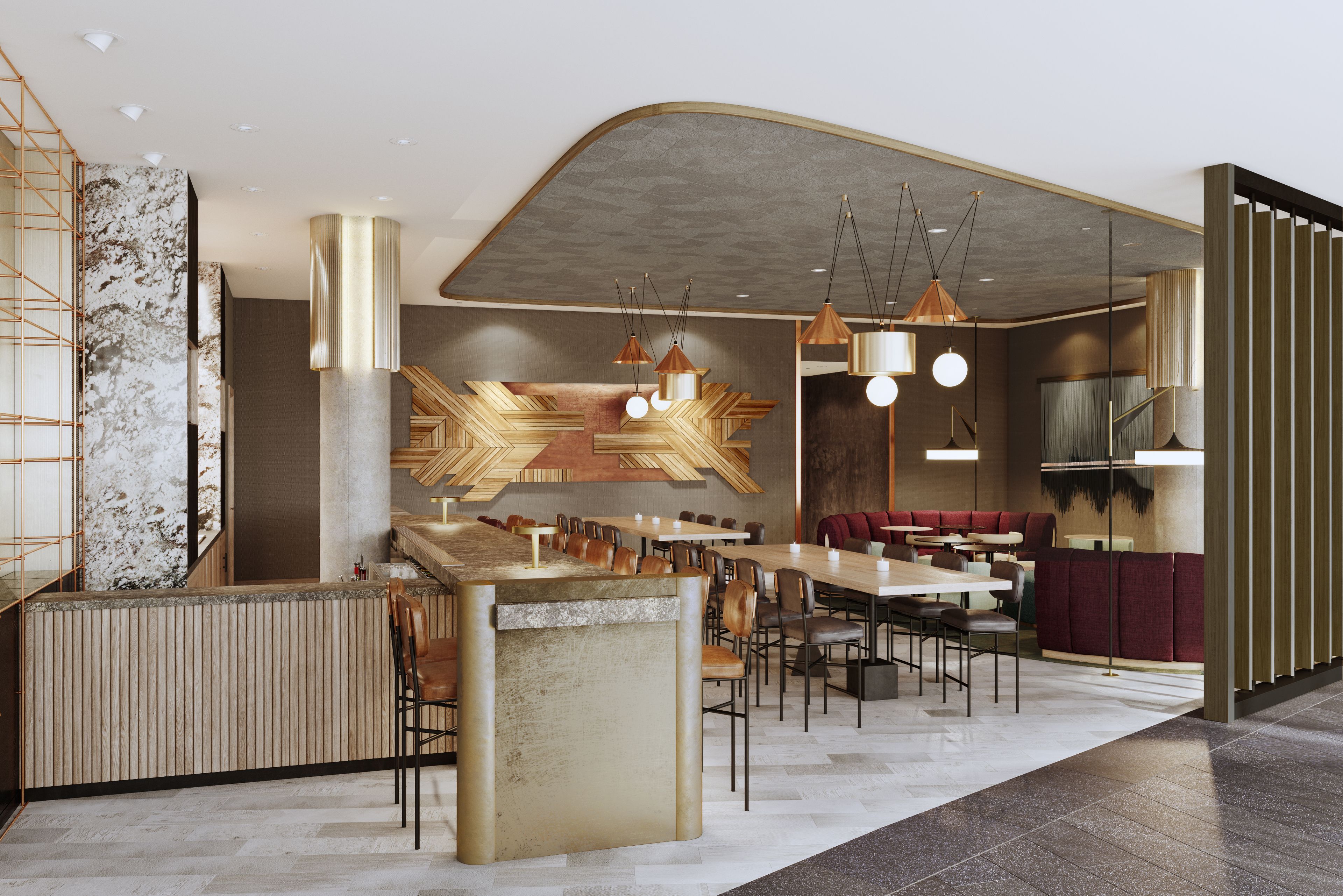 Um restaurante moderno com um bar central, diversas opções de assentos e luminárias contemporâneas.