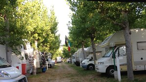 Um parque de caravanas com várias caravanas estacionadas ao longo de um caminho de terra, rodeado por árvores.