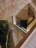 Interior moderno com teto de pedra, parede verde com plantas, escada de madeira e balcão com iluminação por baixo.