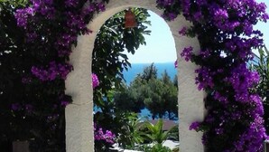 Um arco coberto de flores roxas, que dá acesso a vista do mar.