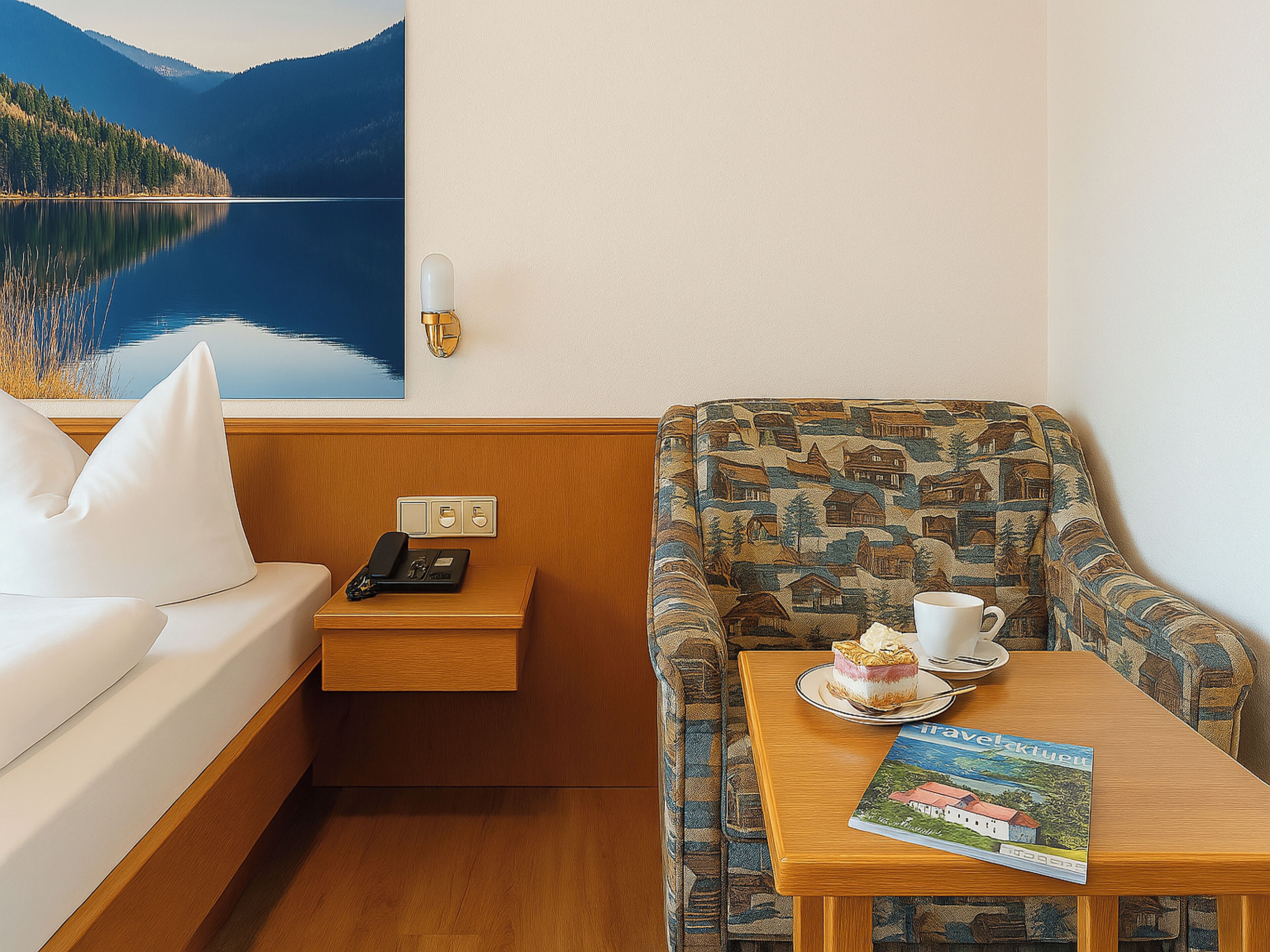Quarto de hotel com cama, uma pequena mesa com uma revista, uma cadeira, mesa de cabeceira com telefone e uma pintura de um lago.