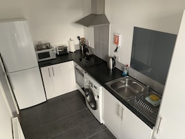 Apartamento Premium, 1 quarto | Cozinha privada | Um frigorífico/congelador grande, um micro-ondas, um forno