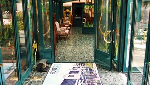 Um corredor com carpete estampado, portas de vidro e vista para um quarto com uma cadeira e uma mesa.