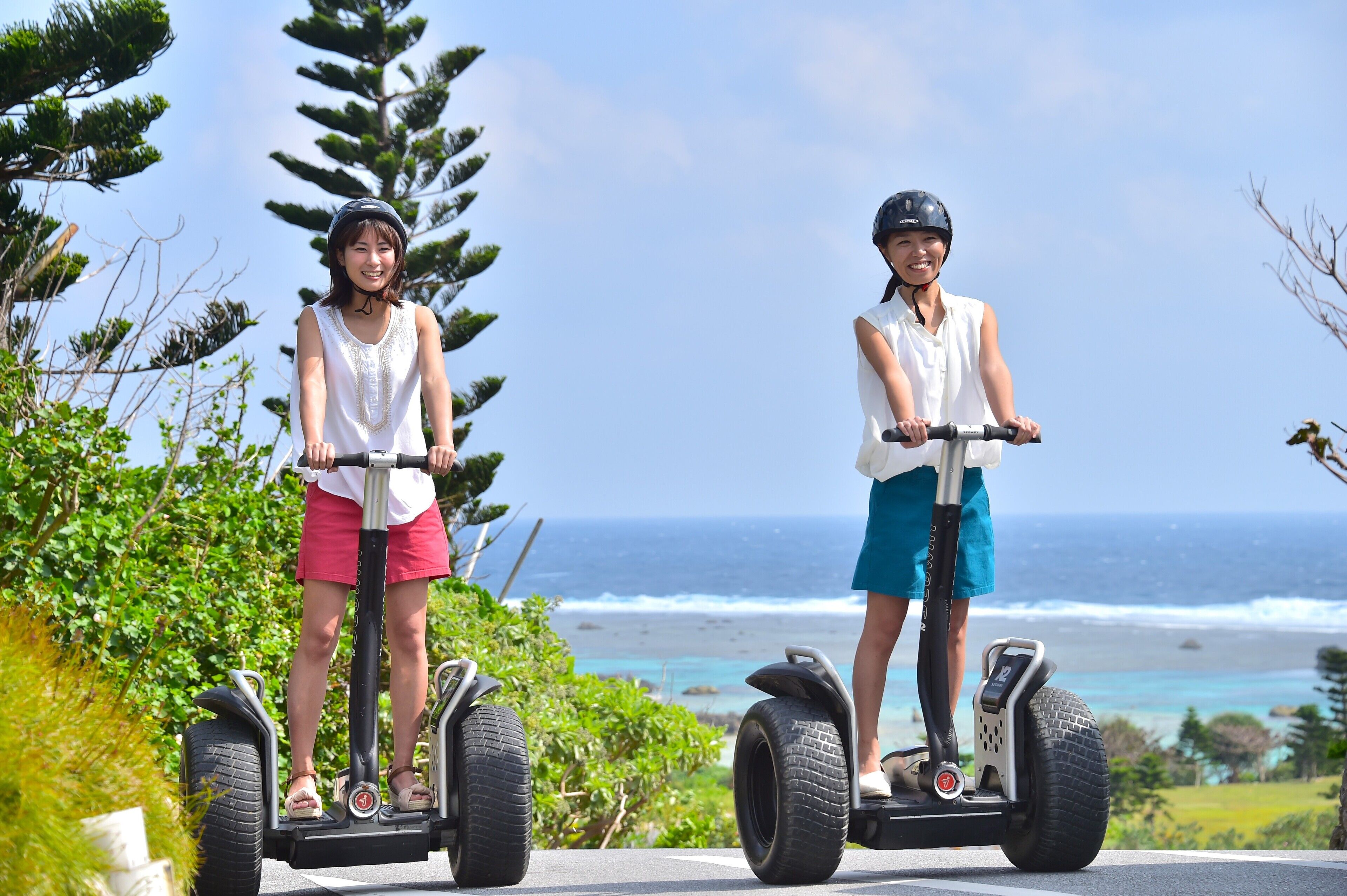 Duas pessoas em segways perto de uma área costeira com árvores e vista para o oceano.