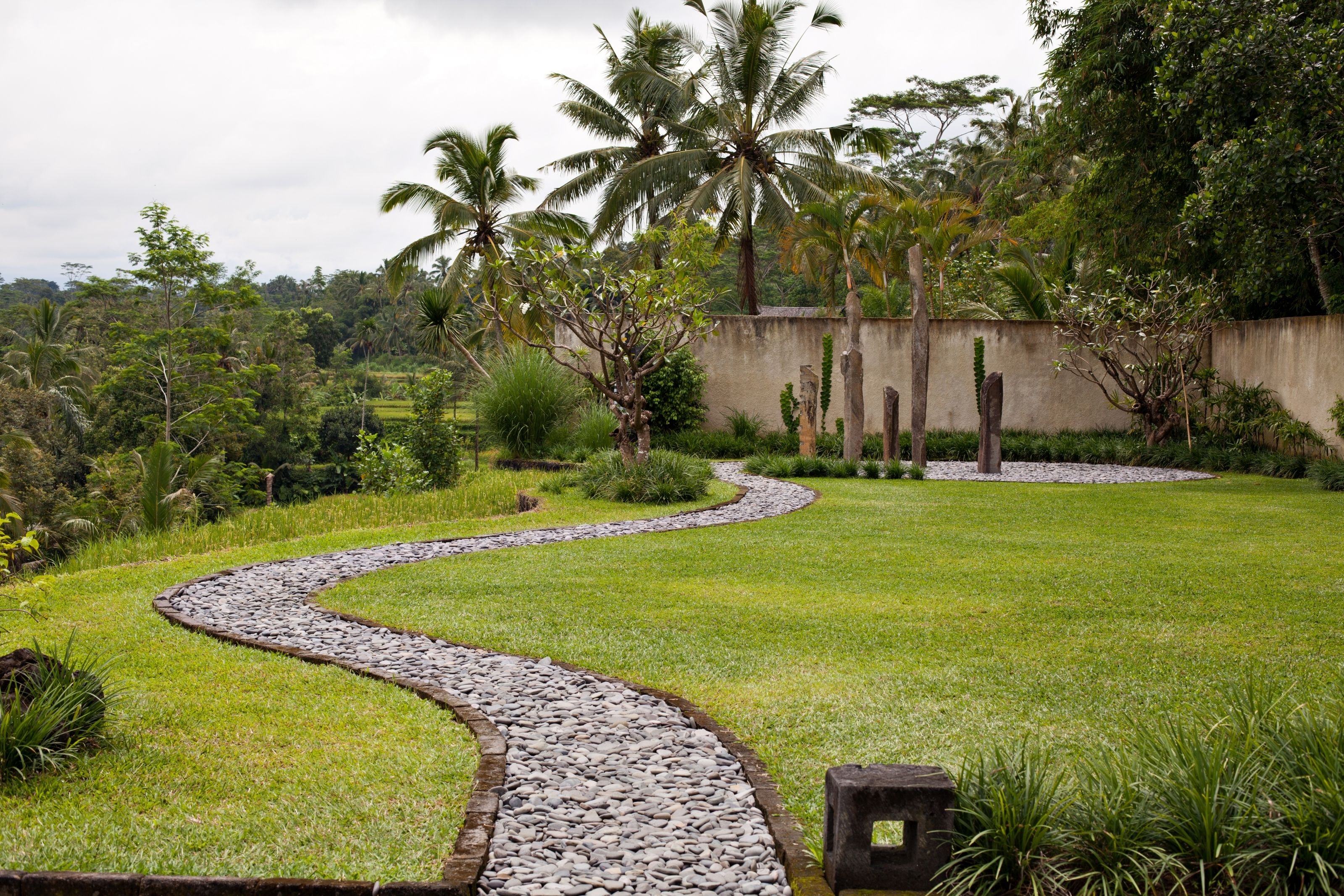 Um jardim com um caminho de cascalho sinuoso, palmeiras e um muro de concreto.