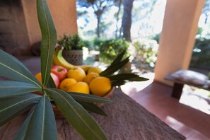Uma mesa de madeira com uma tigela de frutas e uma planta em vaso.