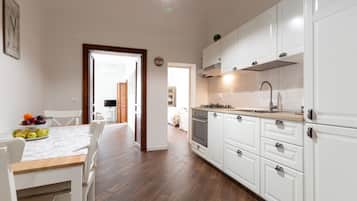 Apartamento, 2 quartos, Vista para a cidade | Cozinha privada | Um frigorífico/congelador grande, um forno, uma placa de cozinha