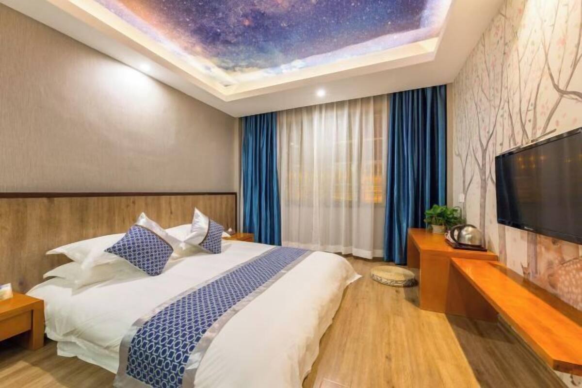 Quarto de hotel com uma cama, televisão, teto com design inspirado em estrelas e janela com cortinas.