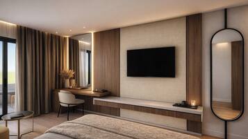 Quarto Superior, varanda, vista para o mar | Roupa de alta qualidade, secretária
