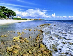 Uma praia com águas calmas e transparentes que revelam rochas e pedras, um edifício ao longe e um céu claro.