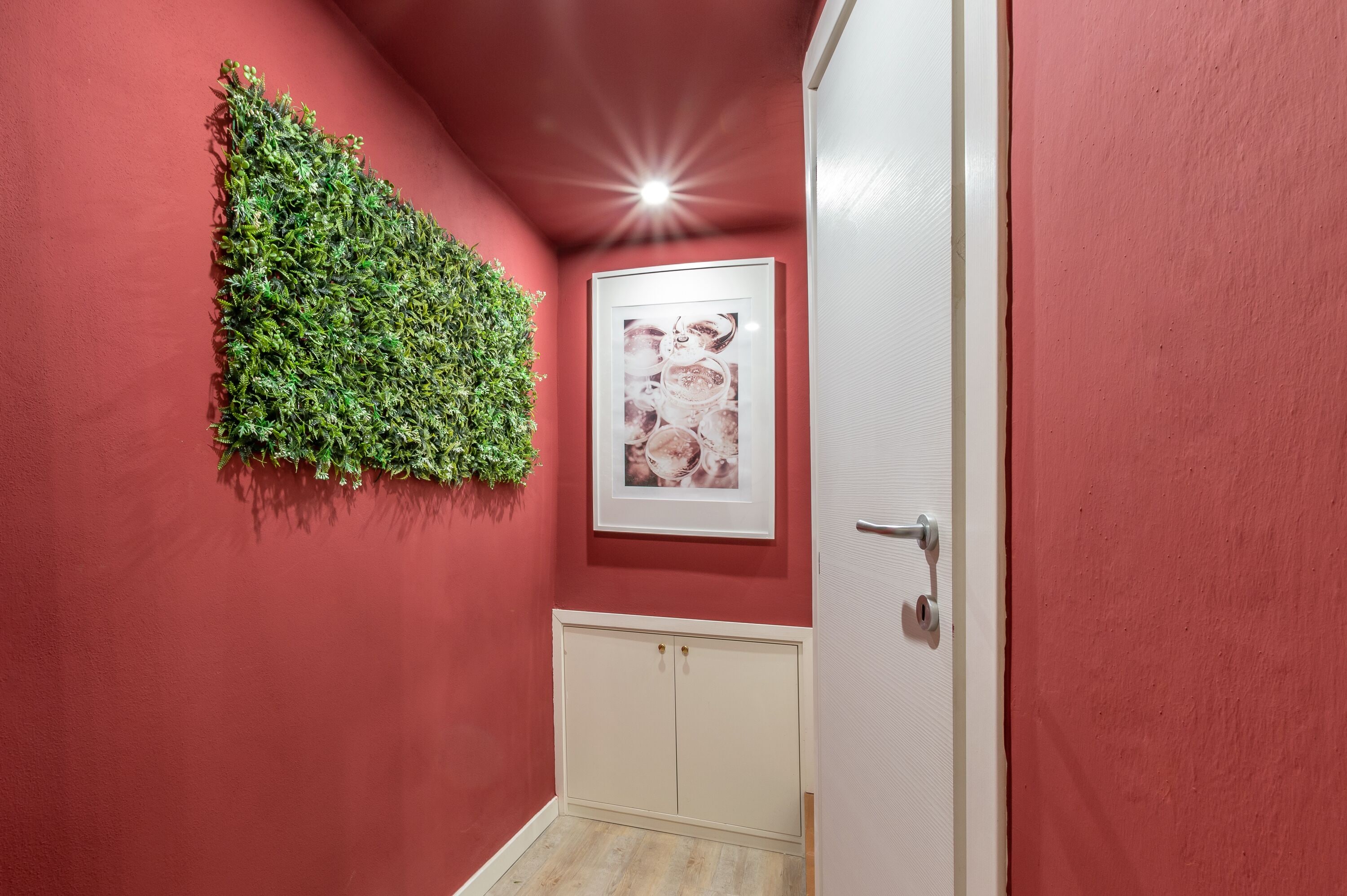 Um corredor com paredes vermelhas, uma planta pendurada verde na parede, um quadro emoldurado e uma porta.