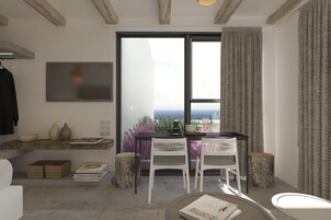 Apartamento, vista parcial para o mar (Aelia 3) | Opções para refeição no quarto