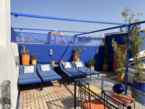 Terraço no telhado com cadeiras de estar azuis, plantas em vasos e piso de azulejos.