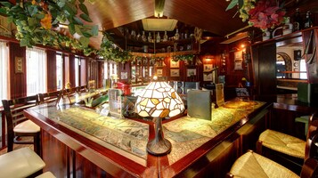 Uma área de bar com mesa de mapa, cadeiras de madeira, luminária de vitral e plantas penduradas.