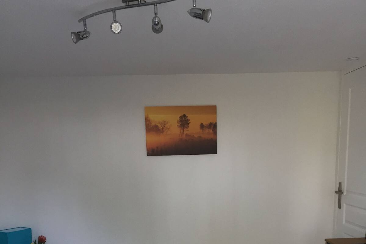 Quarto com cama, mesa de cabeceira, cômoda e um quadro na parede.